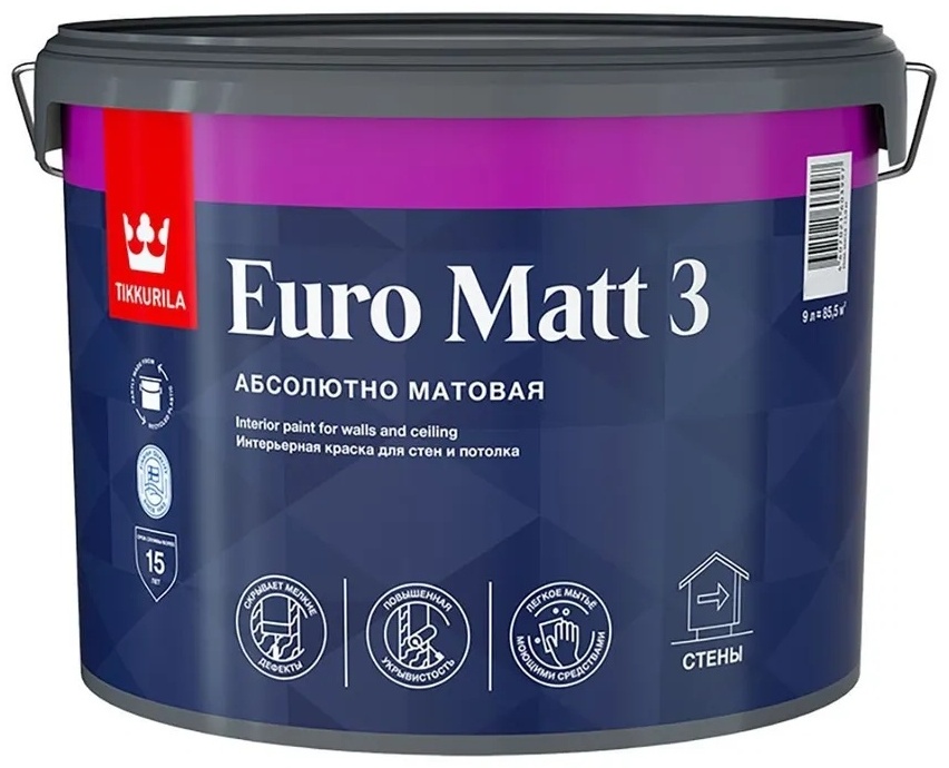 Купить Краска Tikkurila водоэмульсионная EURO MATT 3 С 9 л, база под ...