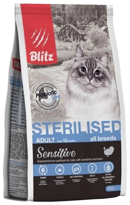 Купить Корм BLITZ Sensitive Sterilised для стерилизованных индейка ...