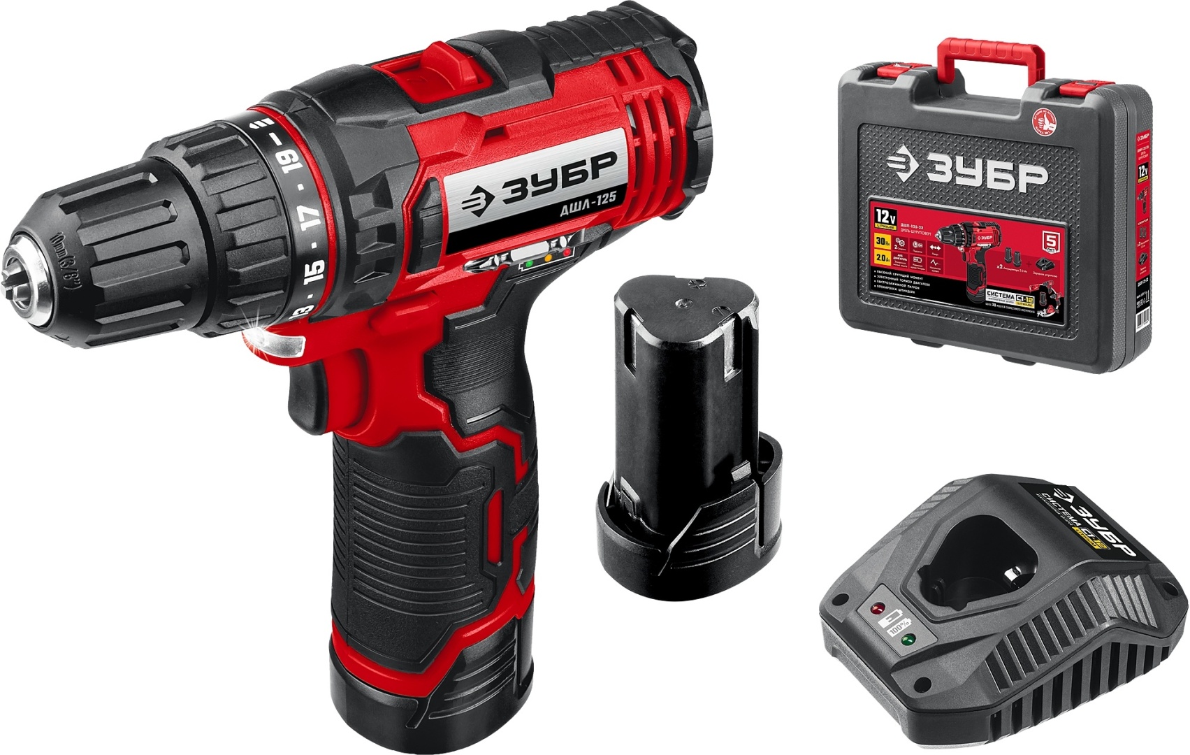 Купить ЗУБР дрель-шуруповерт ДШЛ-125-22 (кейс, два аккумулятора 12V, зарядное устройство, бита ...