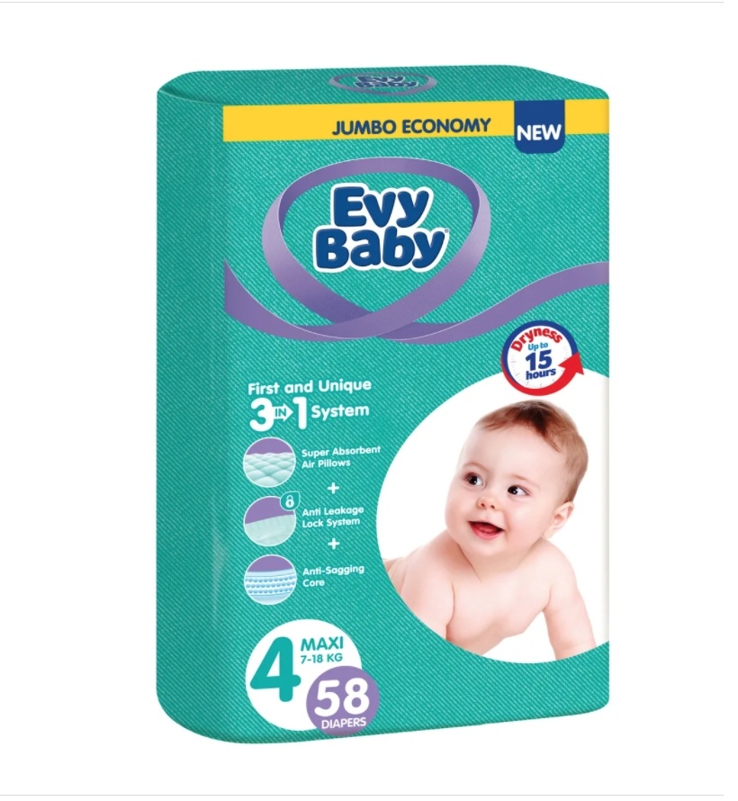 Купить Подгузники Evy Baby 4, 58 шт в Алматы – Магазин на Kaspi.kz