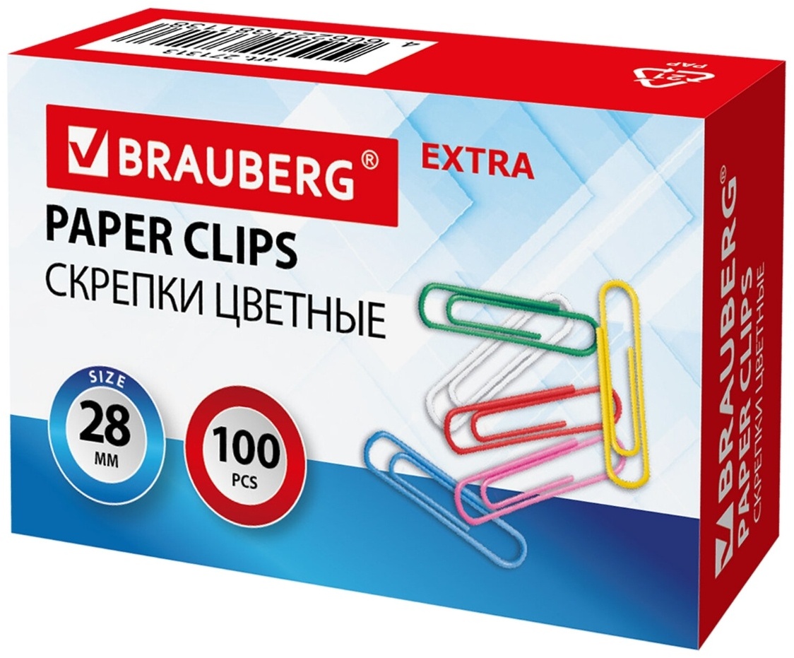 Купить Скрепки Brauberg Скрепки EXTRA BRAUBERG 28 мм цветные 100 штук ...