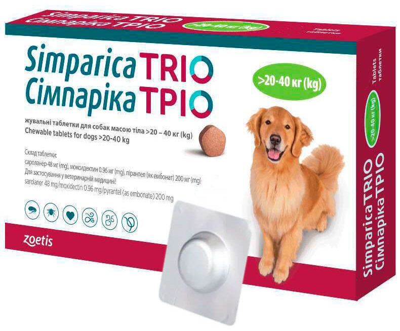 Купить Средство Zoetis Симпарика TRIO 20-40 кг от блох, от клещей, от ...