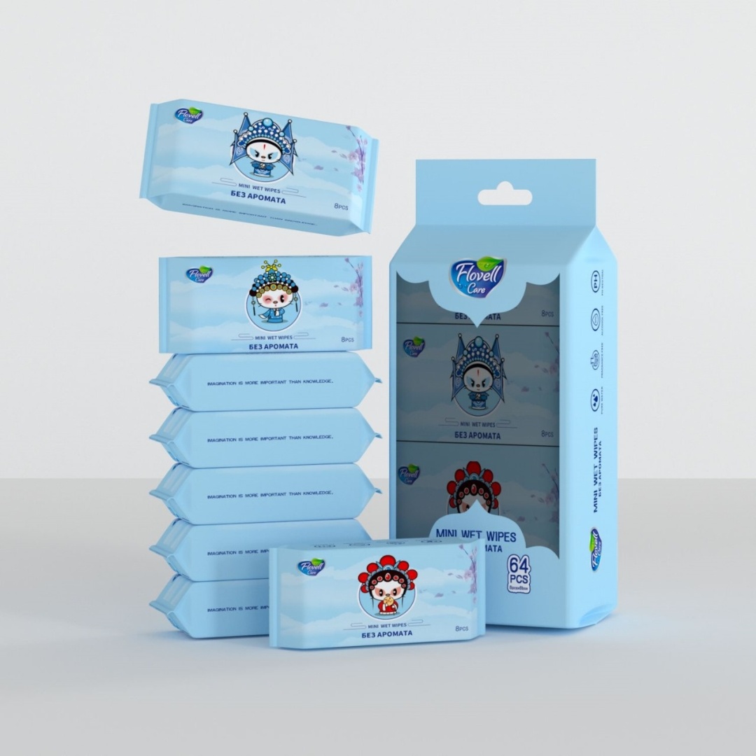 Купить Детские влажные салфетки Flovell Care Mini wet wipes Синие 64 шт ...