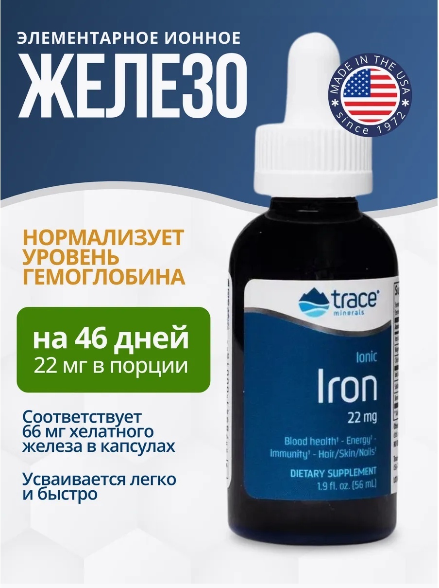 Купить Trace Minerals Research Iron, Витамин Железо жидкое ионное 46 ...