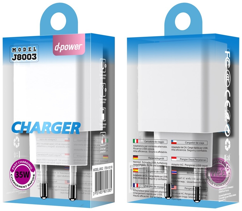 Купить Зарядное устройство D-power J8003 USB Type-C, USB белый в Алматы ...